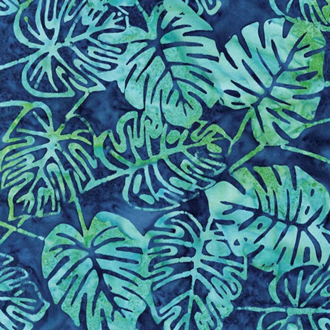 Monstera Leaves Batik Fabrics, Blue and Teal, Sold by the Half Yard ...