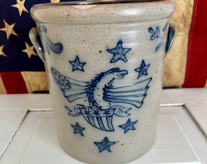 Vintage Rowe Pottery Eagle Stoneware Salt Glazed Crock 1 Gal 1991 Stars ...
