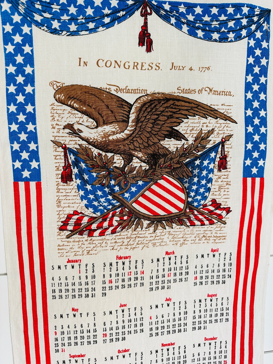 Vintage Patriotic Calendar Towel 1976 Stars and Stripes Declaration of ...