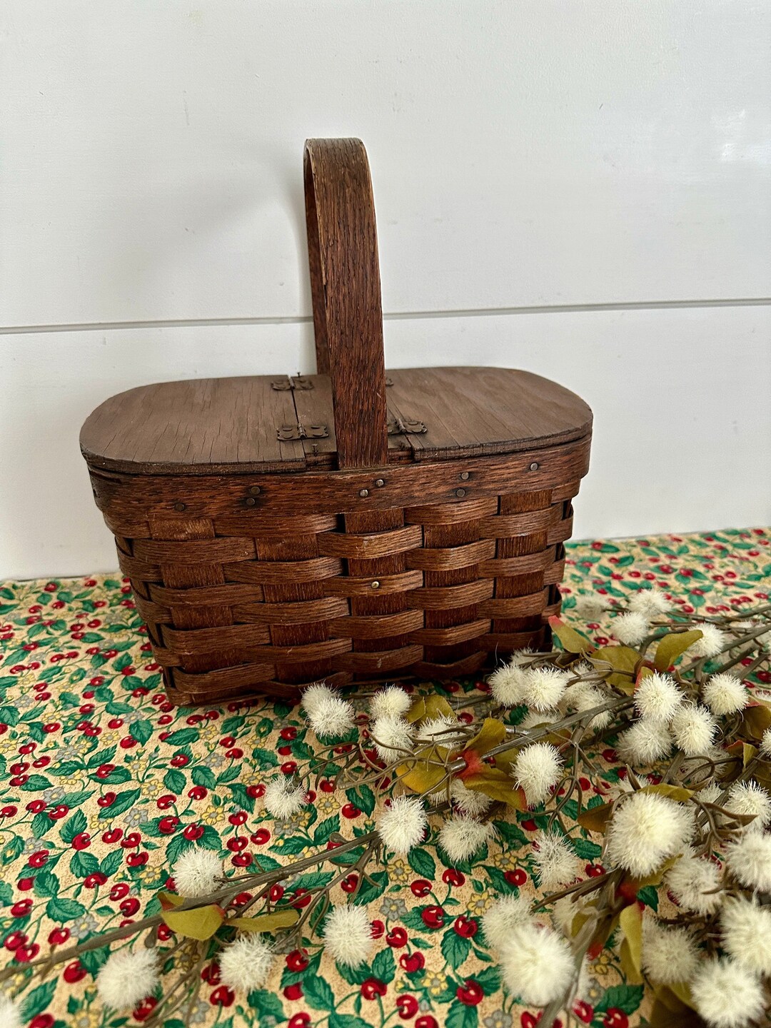 Antique Lidded Oak Splint Market Basket Deep Brown Stain Flat Head ...