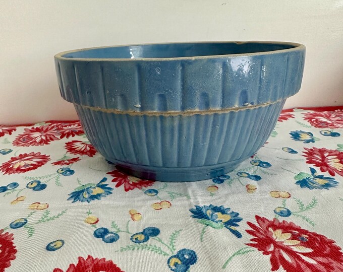 Antique Primitive Blue Stoneware Pottery Mixing Bowl 7 7/8" Diameter ...