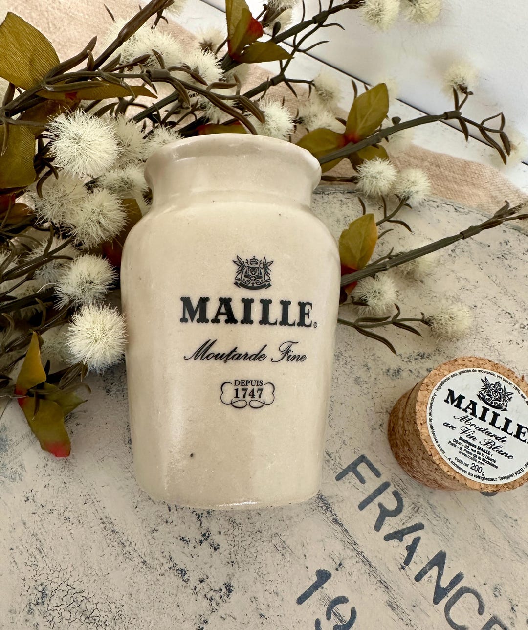 Charming Maille French Stoneware Mustard Crock moutarde Au Vin Banc ...