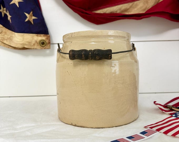 Antique Stoneware Cream Crock: Farmhouse Pottery With Wire Bail Handle ...