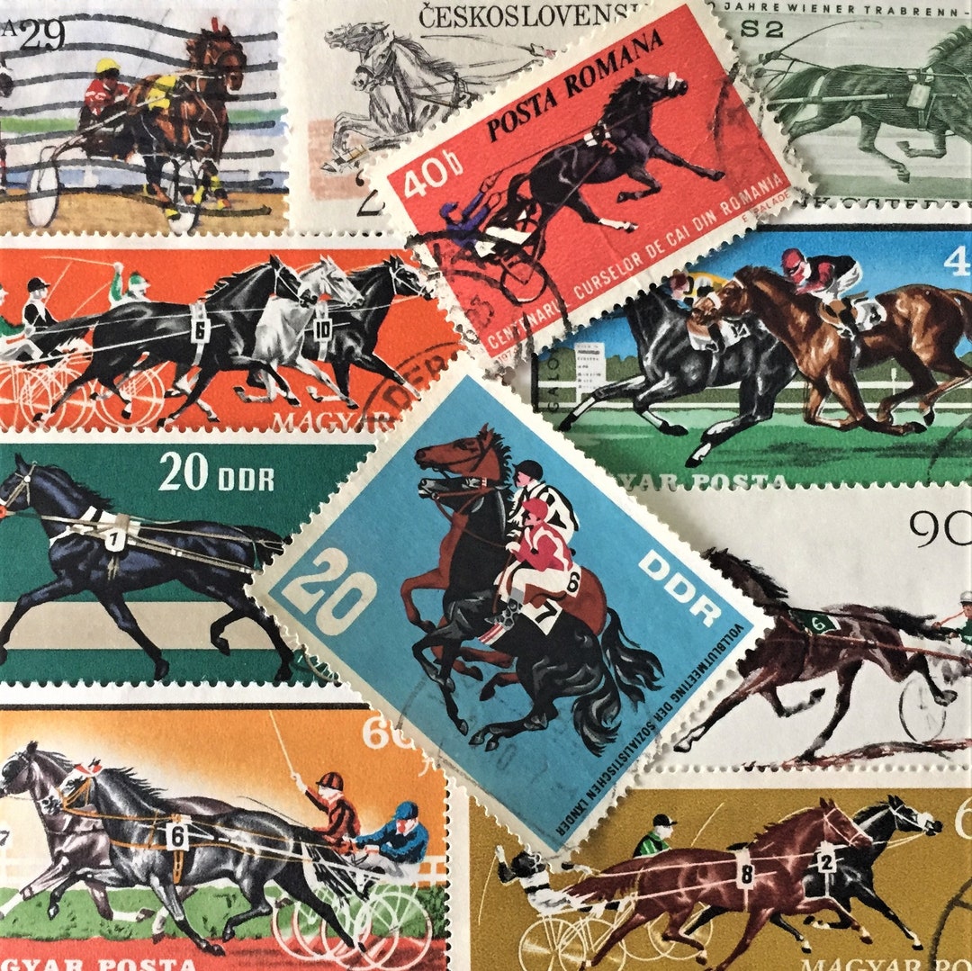 FREE SHIPPING ; 25 HORSE Racing Worldwide Postage Stamps for Collecting ...
