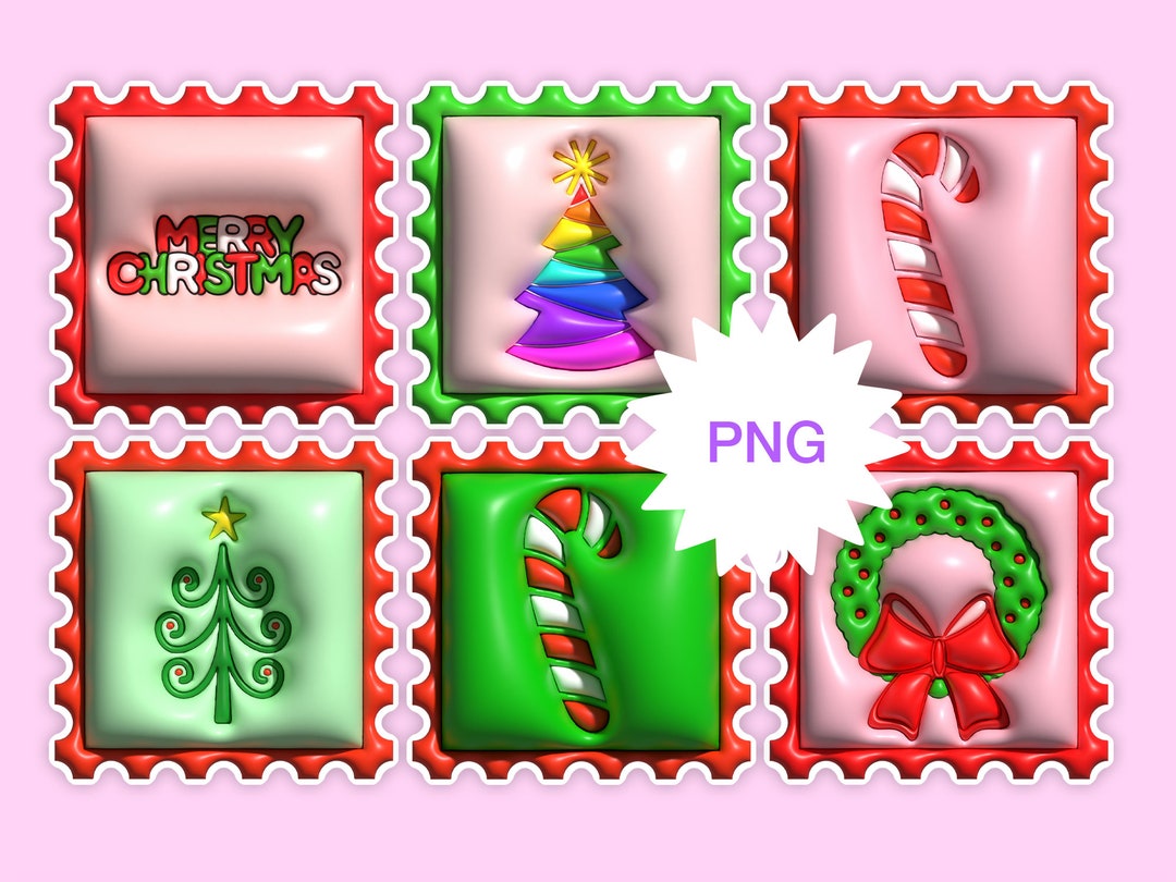 Christmas Stamps PNG Set, 6 Cute Print at Home Sticker Files, Puffy ...