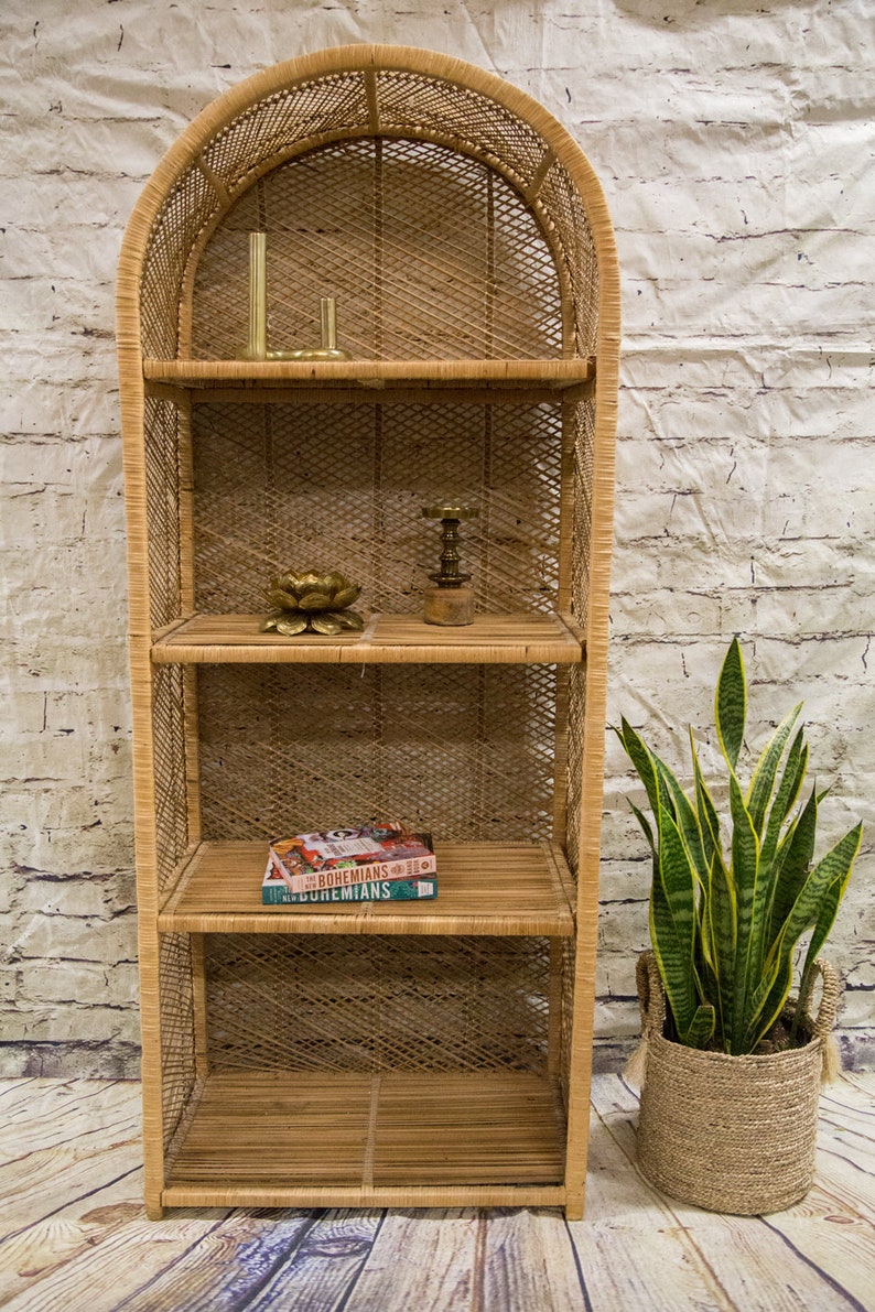 Vintage Wicker Bookshelf/ Wicker Hutch/ Wicker Cabinet With - Etsy