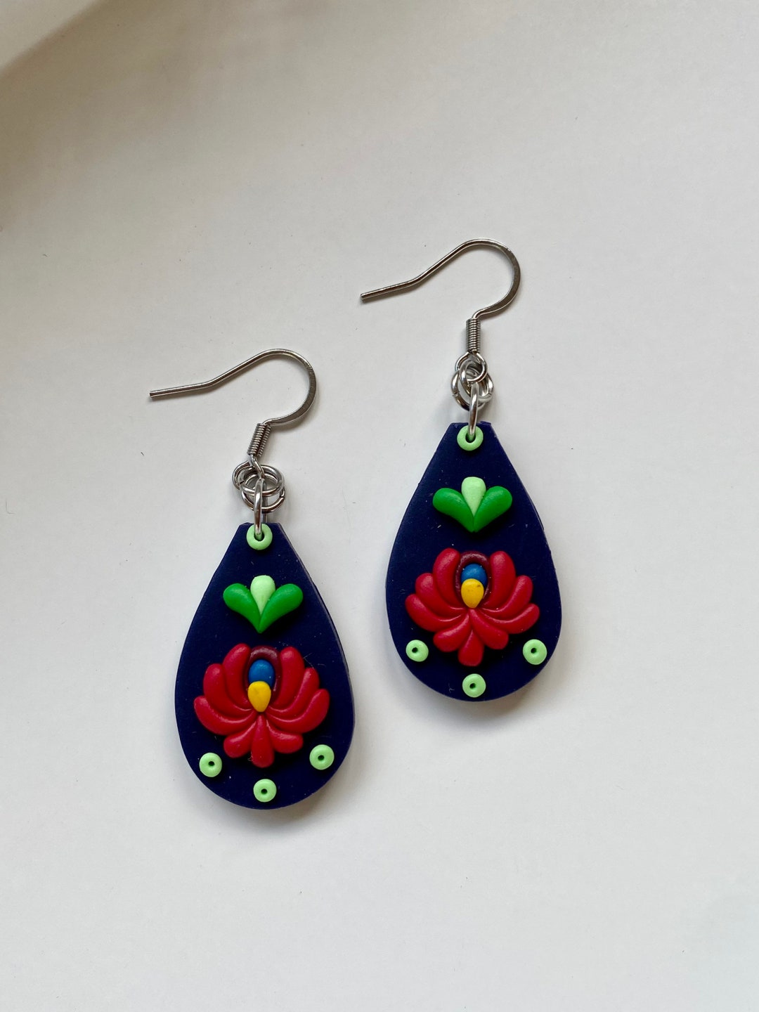 Hungarian Folk Motif Jewelry Earrings,navy Blue -colorful,polymer Clay ...