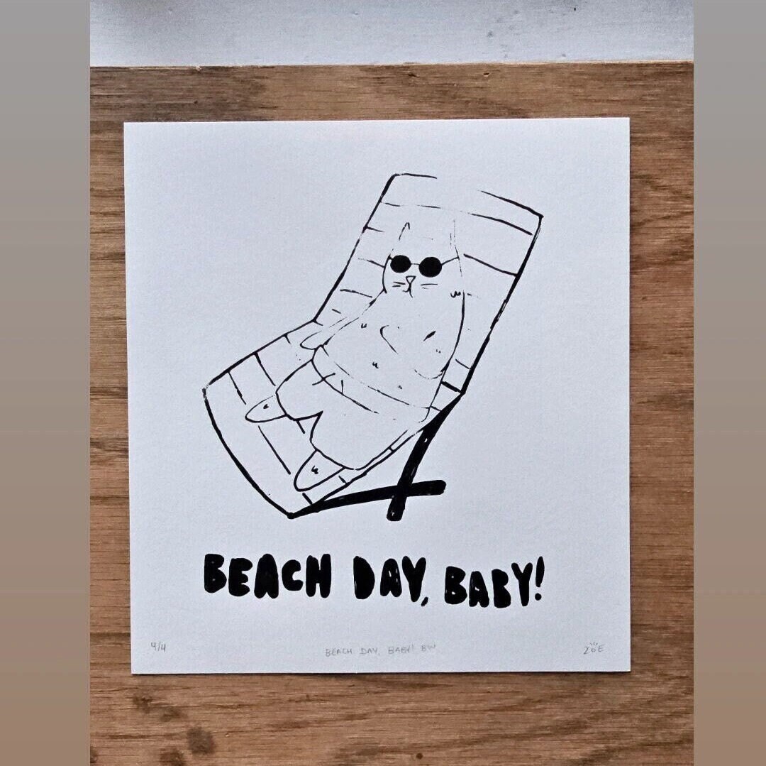 Beach Day, Baby! Cat Print, Screenprint, Cat Art, Animal Art, Art Print ...