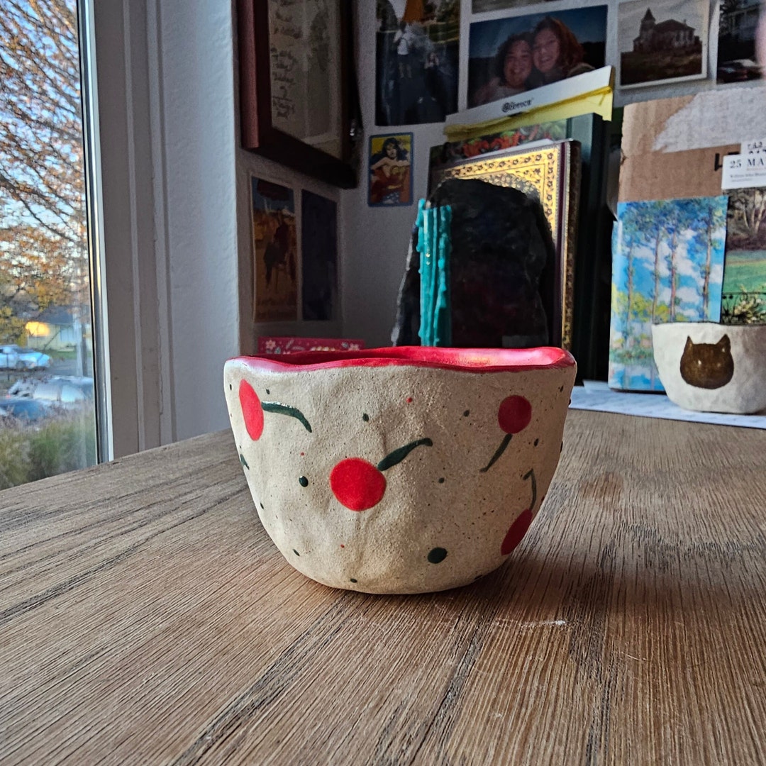 Small Cherry Ceramic Planter With Drainage Hole, Hand-painted Plant Pot ...
