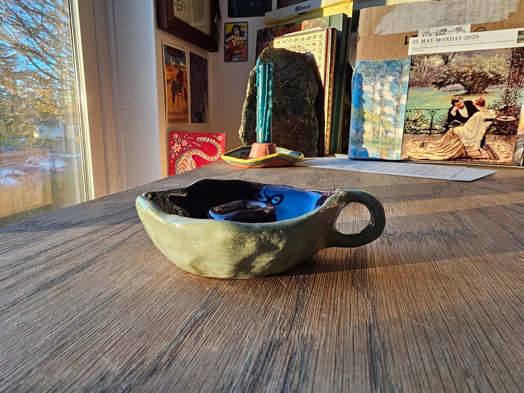 Blue and Green Ceramic Candlestick Holder With Handle, Colorful Old ...