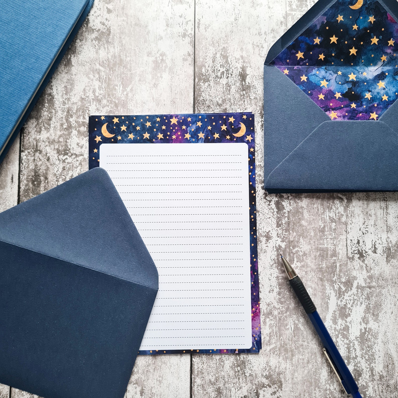 Galaxy Letter Writing Set Navy Blue Envelopes Nebula, Moon and Golden ...