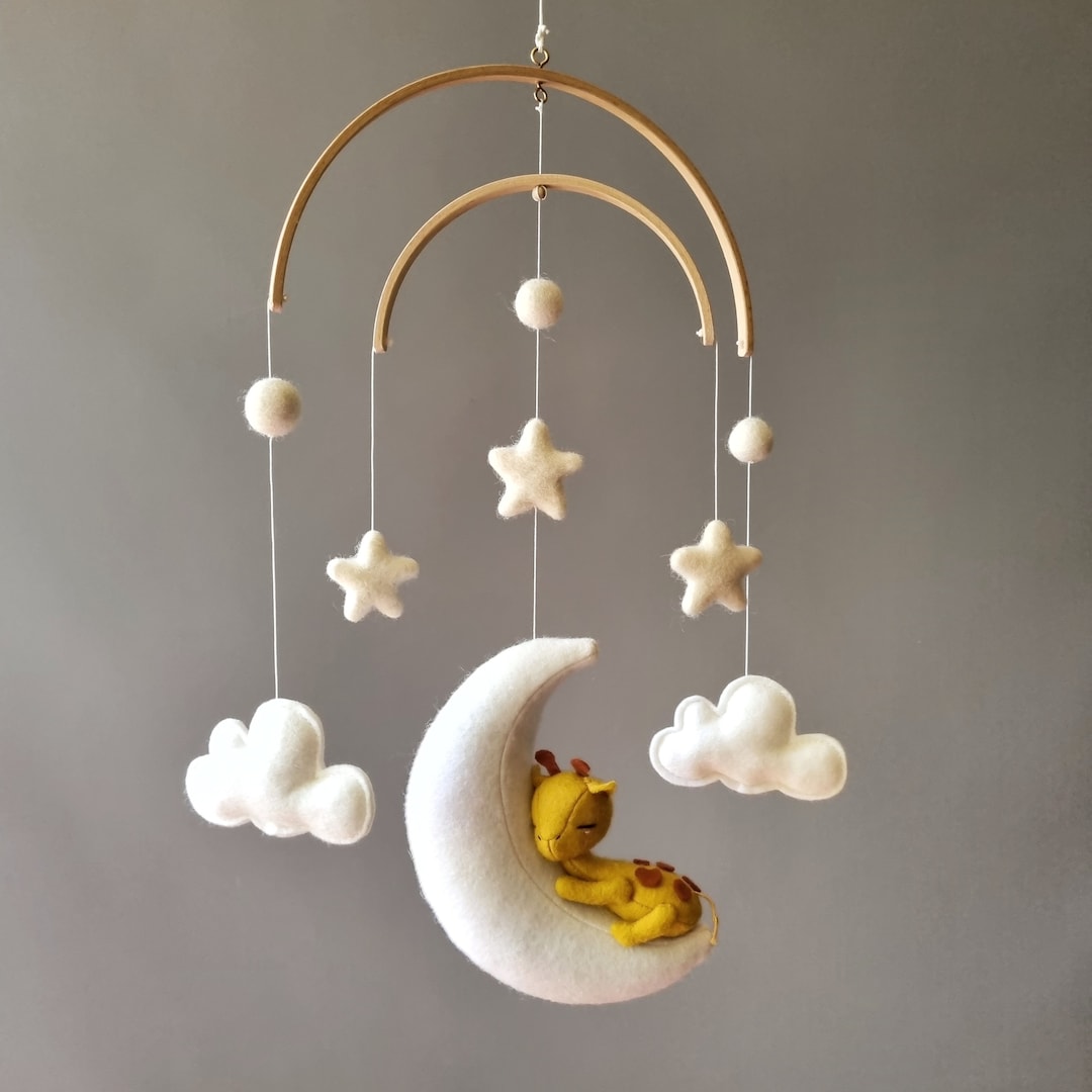 Safari Baby Mobile: Giraffe Sleeping on the Moon With Clouds and Stars ...