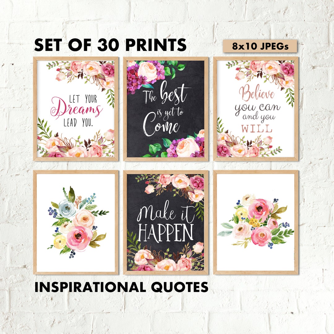 Inspirational Quotes Wall Art, Set of 30 Prints, Watercolor Floral ...