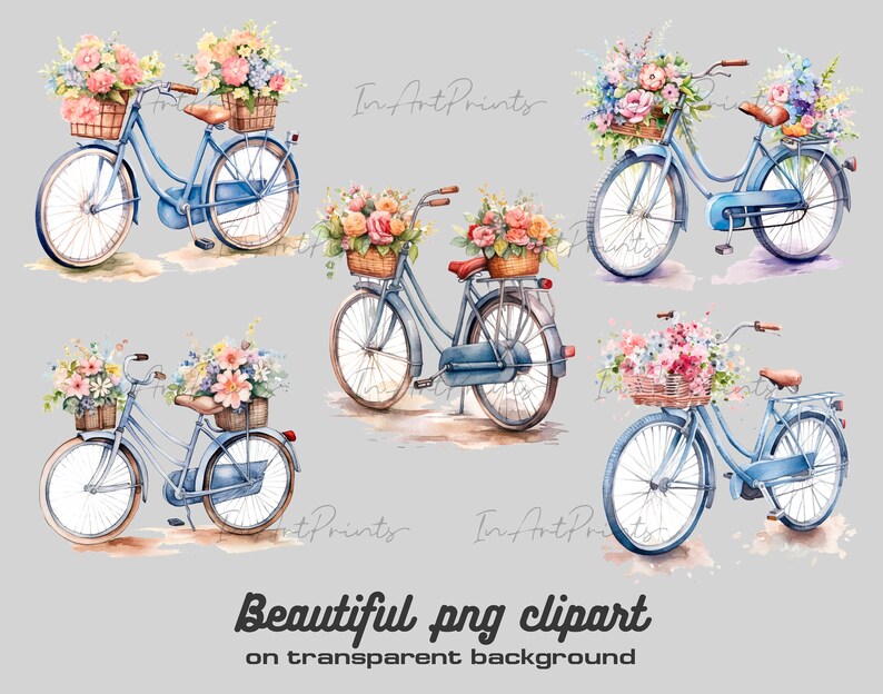 Watercolor Bicycle Clipart Png, Flower Basket Bicycle PNG, Watercolor ...