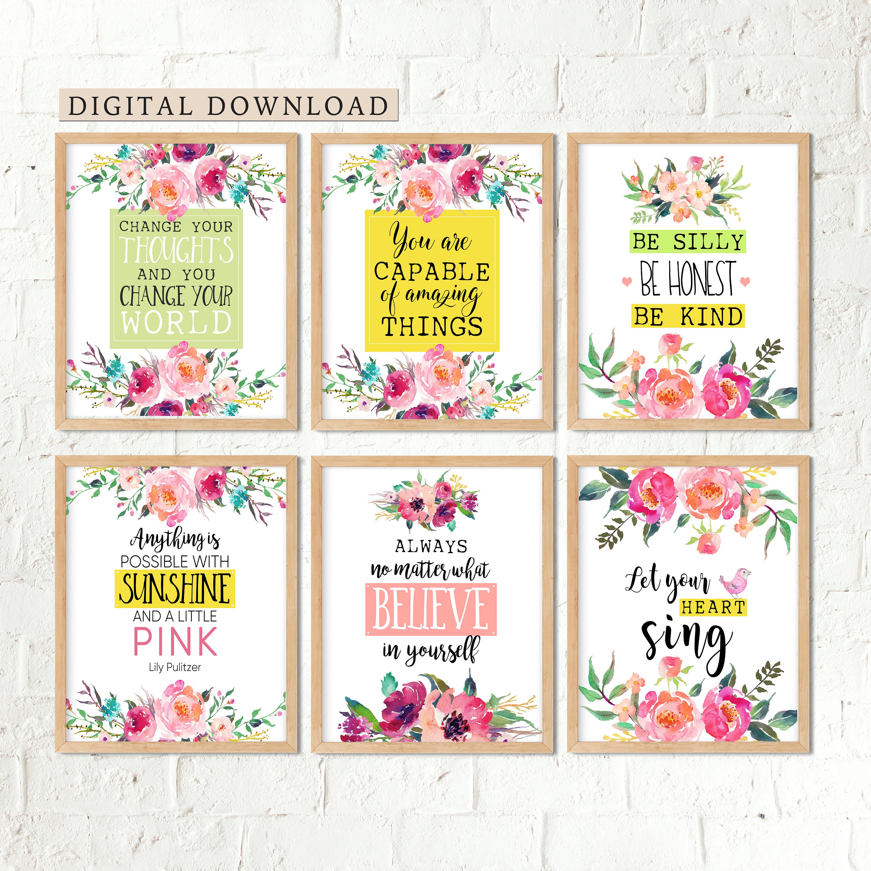 Inspirational Quotes Wall Art, Set of 30 Prints, Watercolor Floral ...