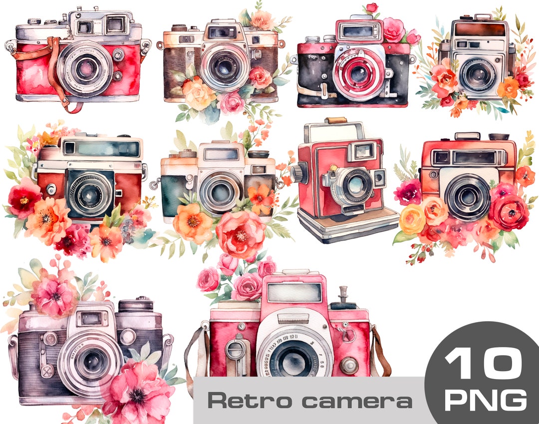 Watercolor Retro Cameras Clipart, Vintage Camera Illustration, Rustic ...