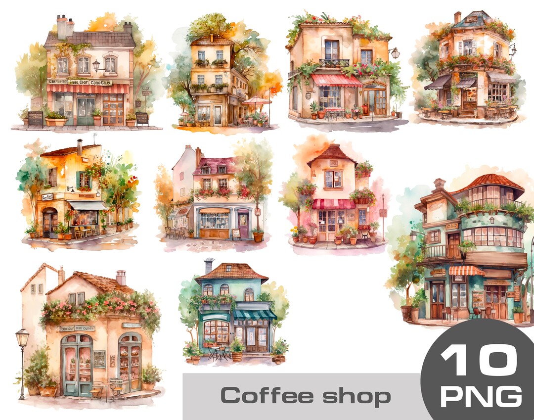 Watercolor Coffee Shop Clipart, Watercolor Café Terrace Clipart ...