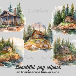 Watercolor Cabin in Forest Clipart, Watercolor Lake House in the Wood ...