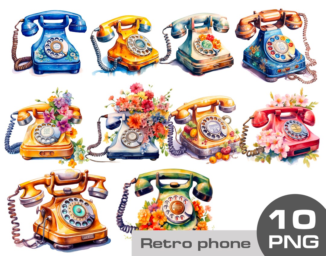 Watercolor Retro Phone, Vintage Telephone Png, Floral Telephone Clipart ...
