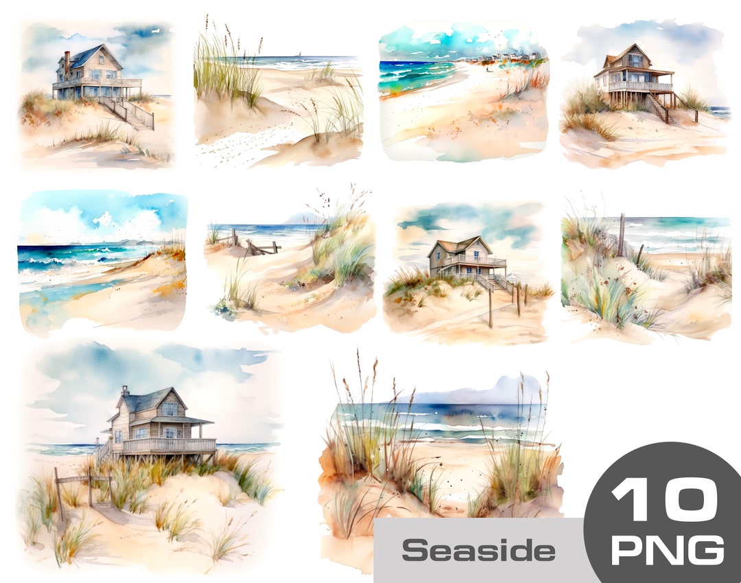 Watercolor Cozy Seaside Clipart, Watercolor Beach Png, Beach Png ...
