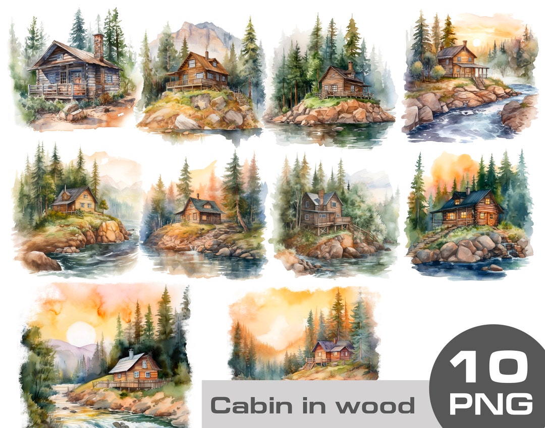 Watercolor Cabin in Forest Clipart, Watercolor Lake House in the Wood ...