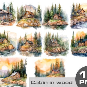 Watercolor Cabin in Forest Clipart, Watercolor Lake House in the Wood ...