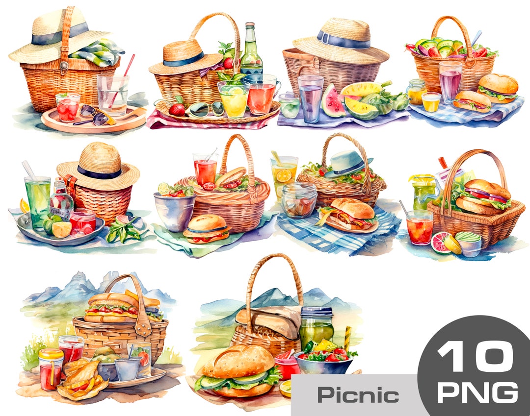 Watercolor Picnic Clipart, Picnic on the Ground, Picnic Basket and Food ...