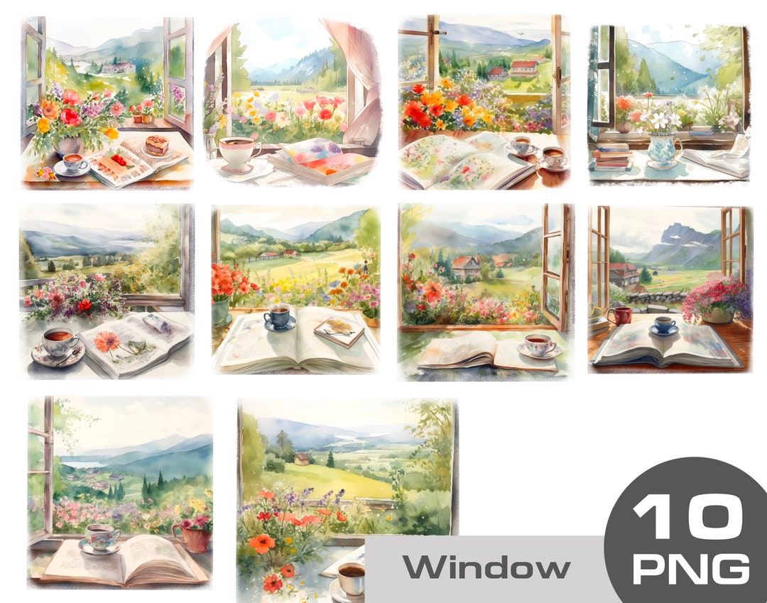 Watercolor Spring Windows Clipart, Morning Coffee Windows Clipart ...