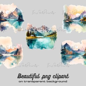 Mountain Lake Clipart, Watercolor Lake Sublimation PNG, Forest Misty ...