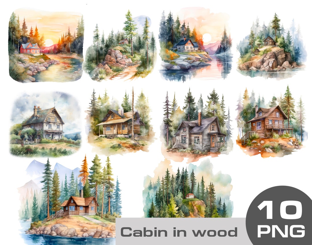 Watercolor Lake House Clipart, Watercolor Cabin Clipart, Cabin in the ...