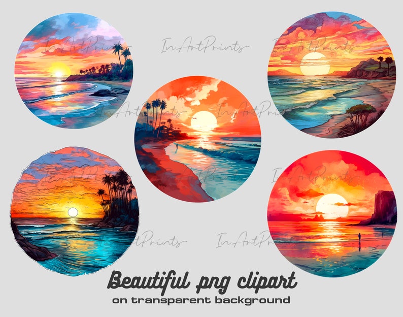 Watercolor Beach Sunsets Clipart, Tropical Sunsets Png, Circle Summer ...