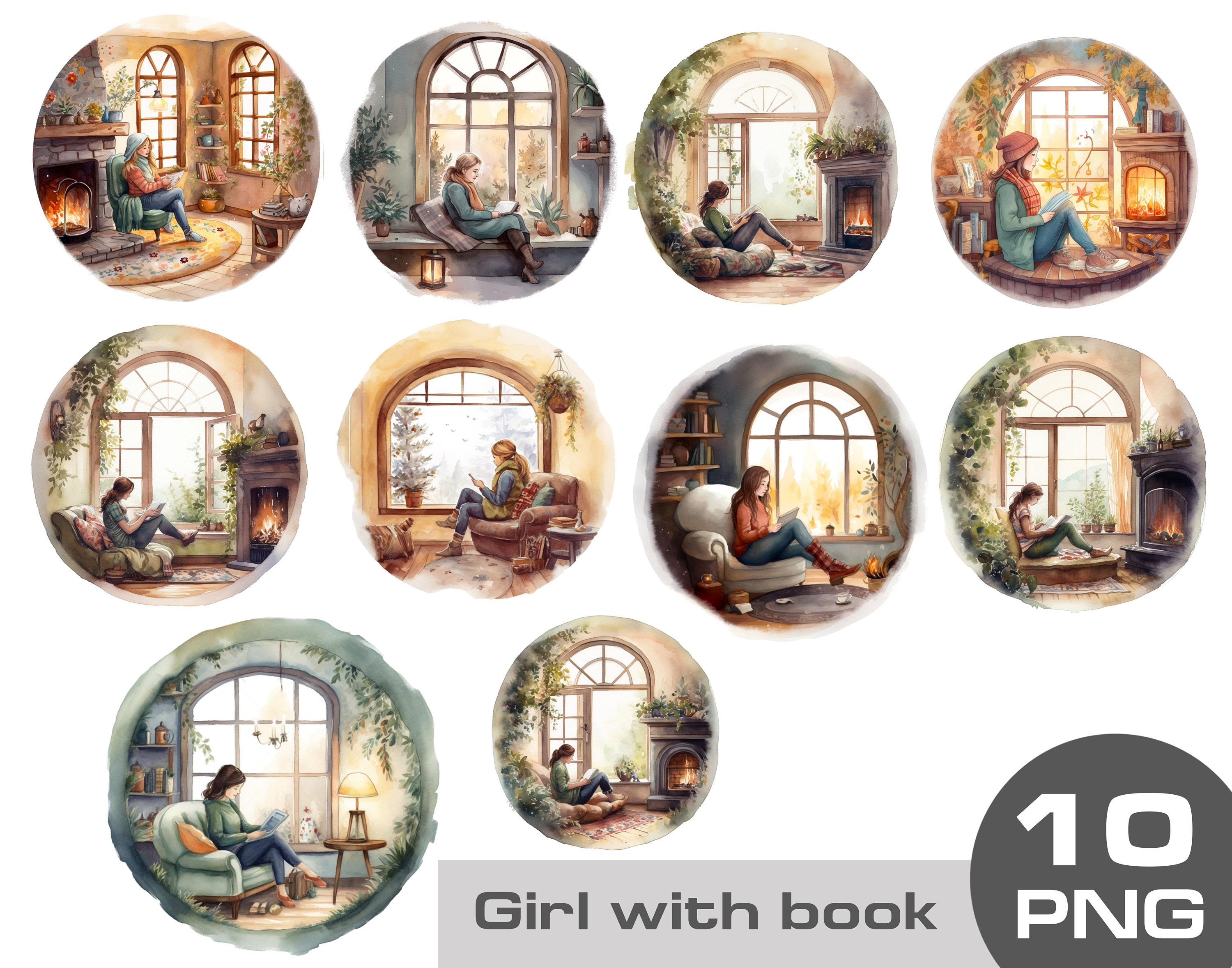 Watercolor Girl Reading Book Clipart Book Lover Clipart Girl - Etsy