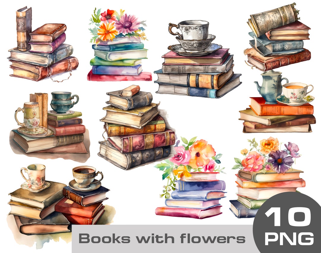 Watercolor Book Clipart, Watercolor Book Stack With Flowers Clipart ...