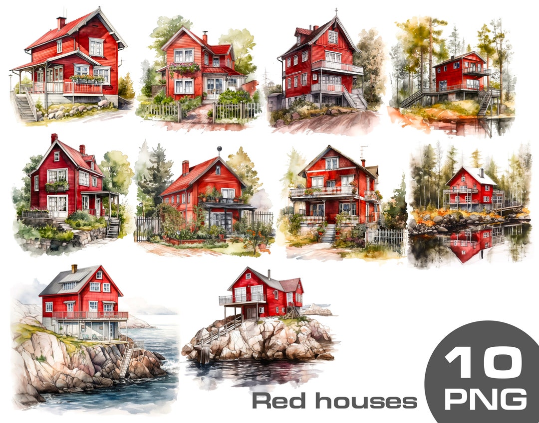Watercolor Nordic Red House Clipart, Norwegian Cottage Clipart, Red ...
