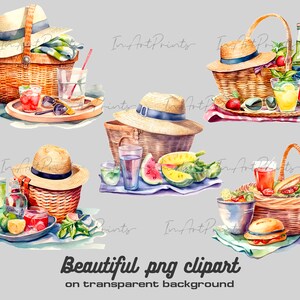 Watercolor Picnic Clipart, Picnic on the Ground, Picnic Basket and Food ...
