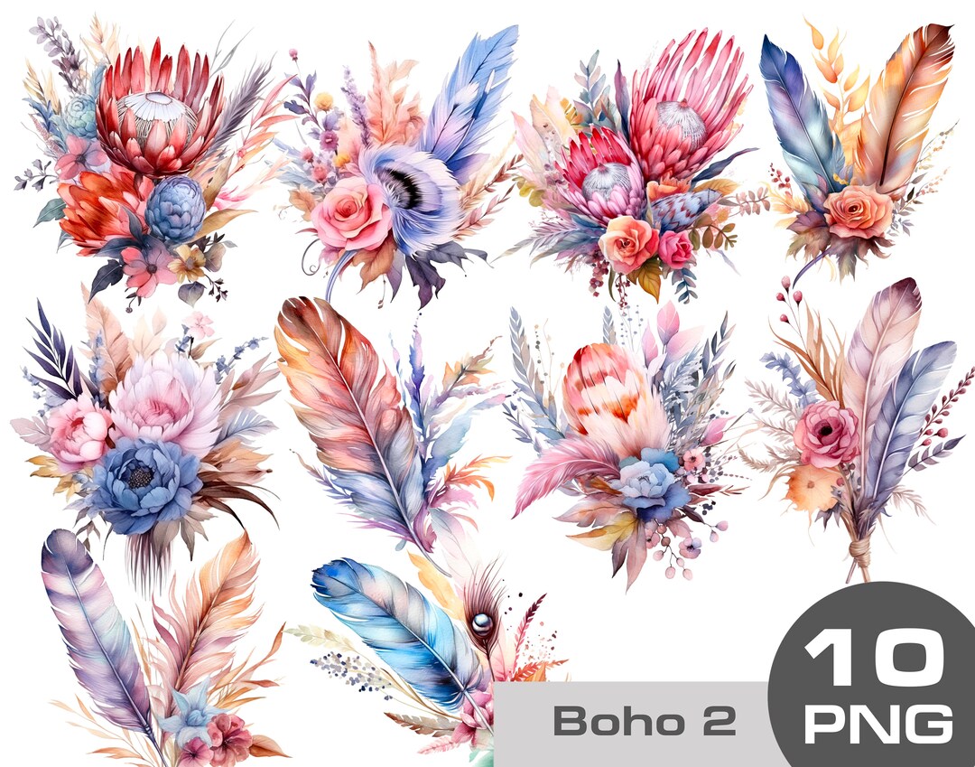 Boho Watercolor Flowers Feathers Wedding Clipart PNG, Watercolor Boho ...