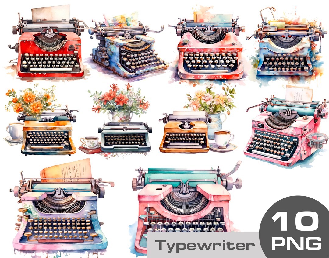 Watercolor Retro Typewriter, Vintage Typewriter Png, Floral Typewriter ...