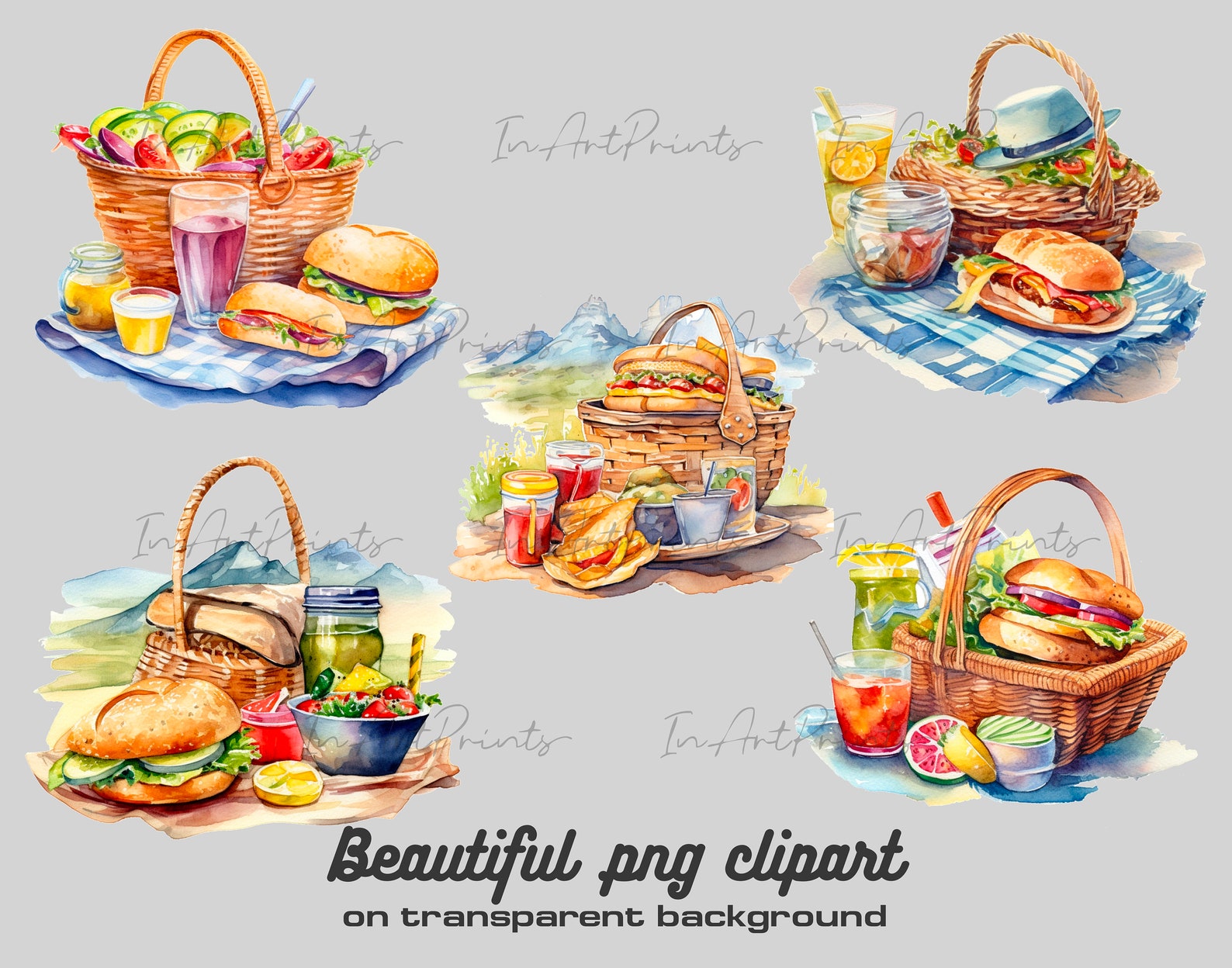 Watercolor Picnic Clipart, Picnic on the Ground, Picnic Basket and Food ...