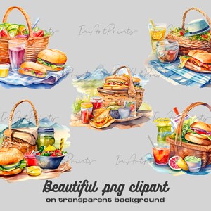 Watercolor Picnic Clipart, Picnic on the Ground, Picnic Basket and Food ...