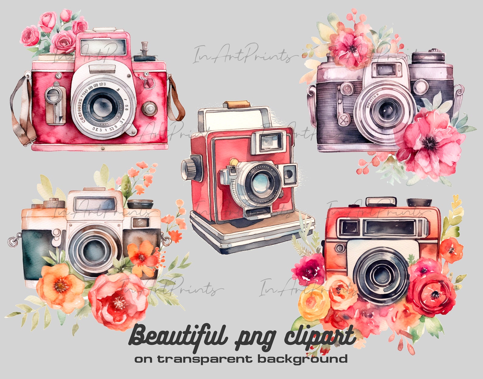 Watercolor Retro Cameras Clipart, Vintage Camera Illustration, Rustic ...