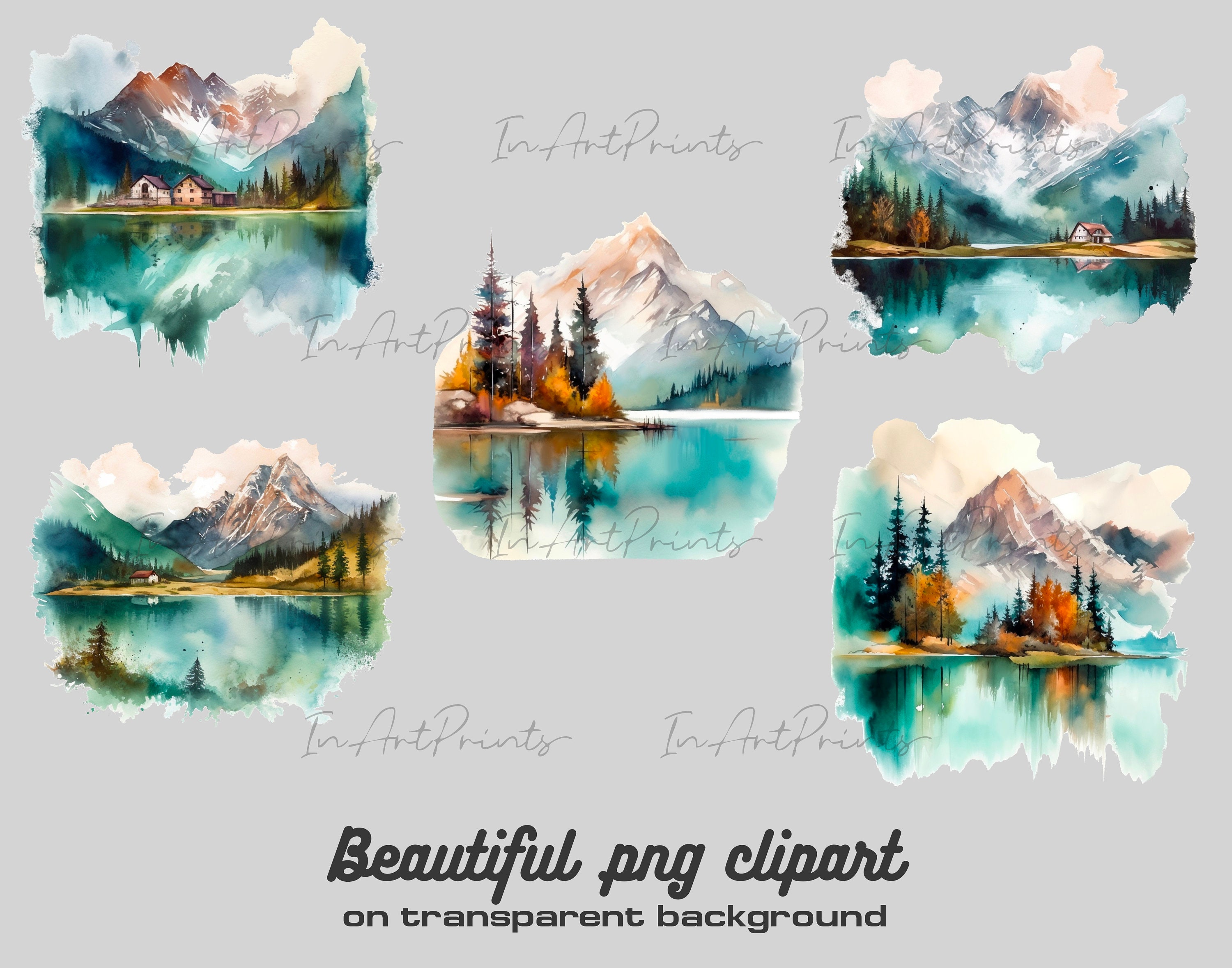 Mountain Lake Clipart, Watercolor Lake Sublimation PNG, Forest Misty ...
