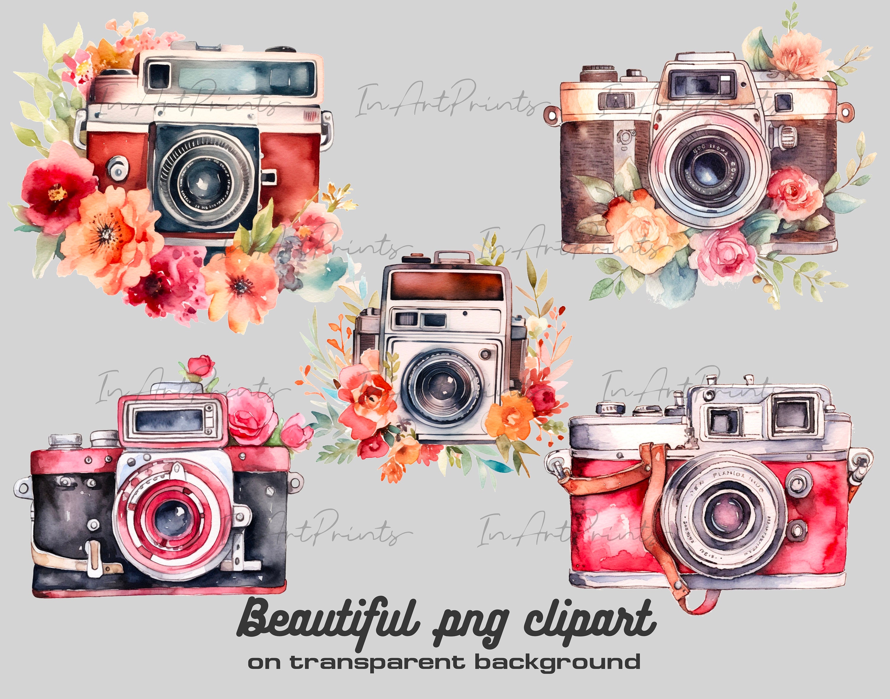 Watercolor Retro Cameras Clipart, Vintage Camera Illustration, Rustic ...
