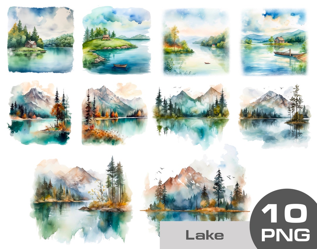 Watercolor Lake Clipart, Watercolor Mountain River Clipart, Watercolor ...