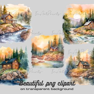 Watercolor Cabin in Forest Clipart, Watercolor Lake House in the Wood ...