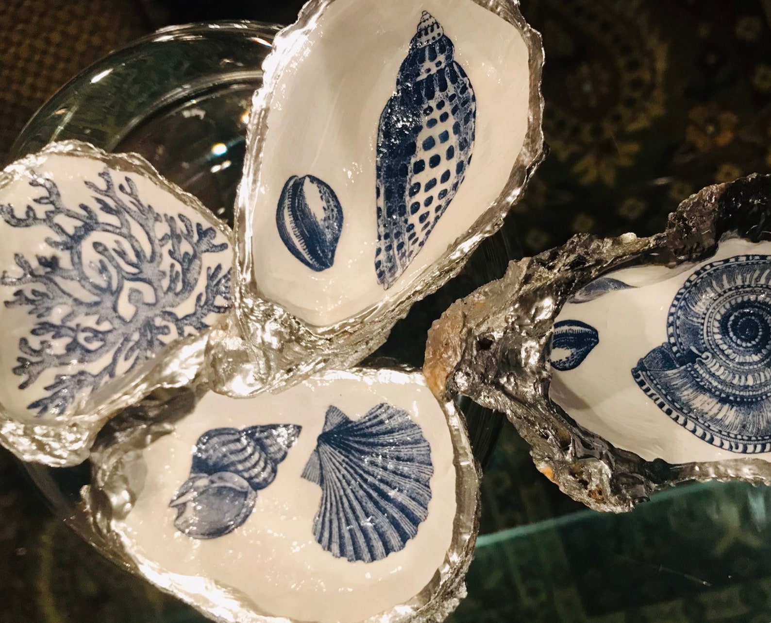 Decoupaged Painted Oyster Shell Ring Dish, Oyster Shell Salt Cellar ...