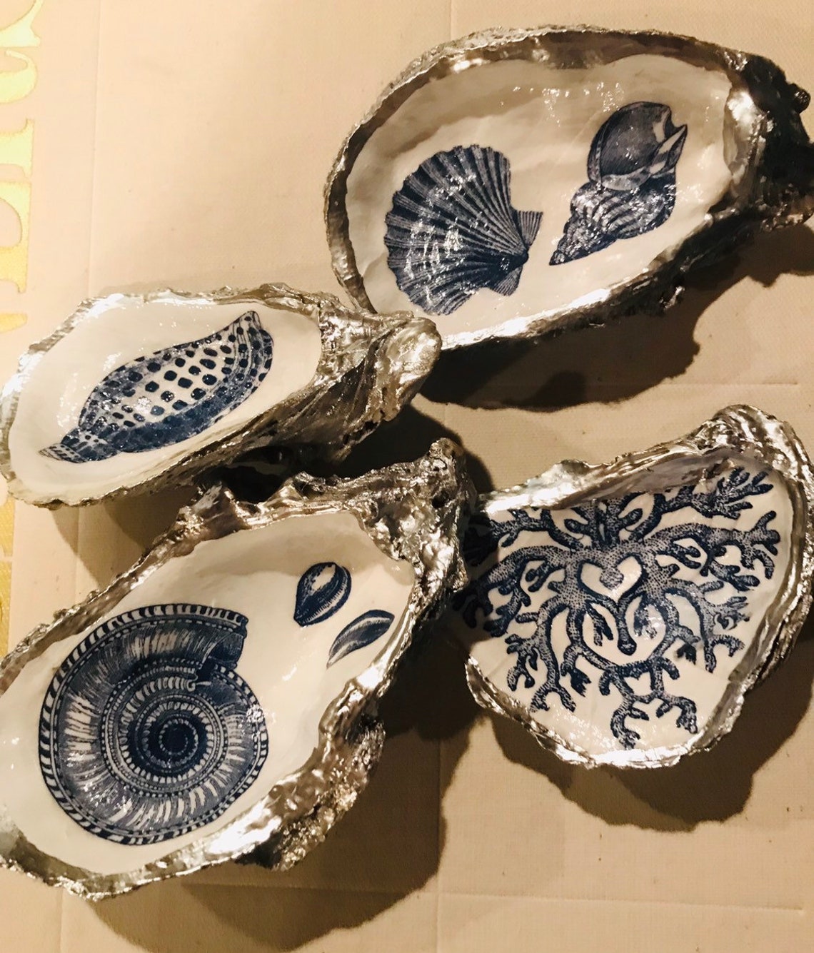 Decoupaged Painted Oyster Shell Ring Dish, Oyster Shell Salt Cellar ...