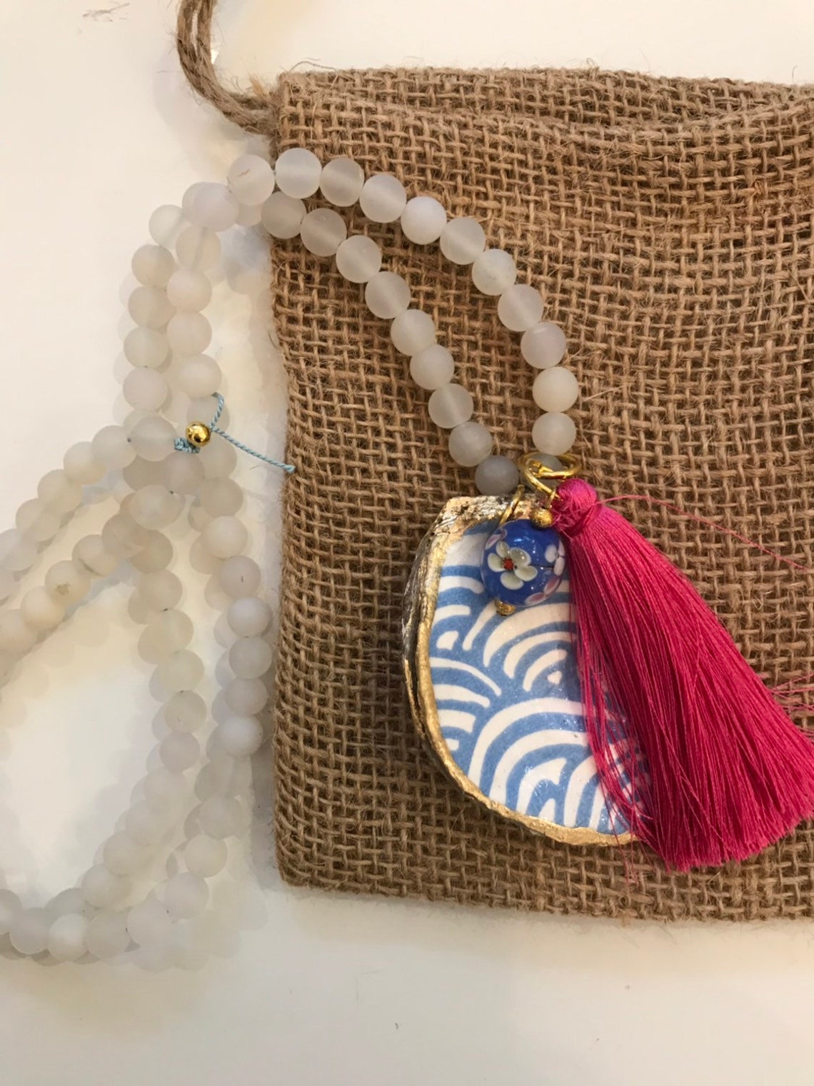 Painted Oyster shell necklace w agate. Stunning oyster shell | Etsy