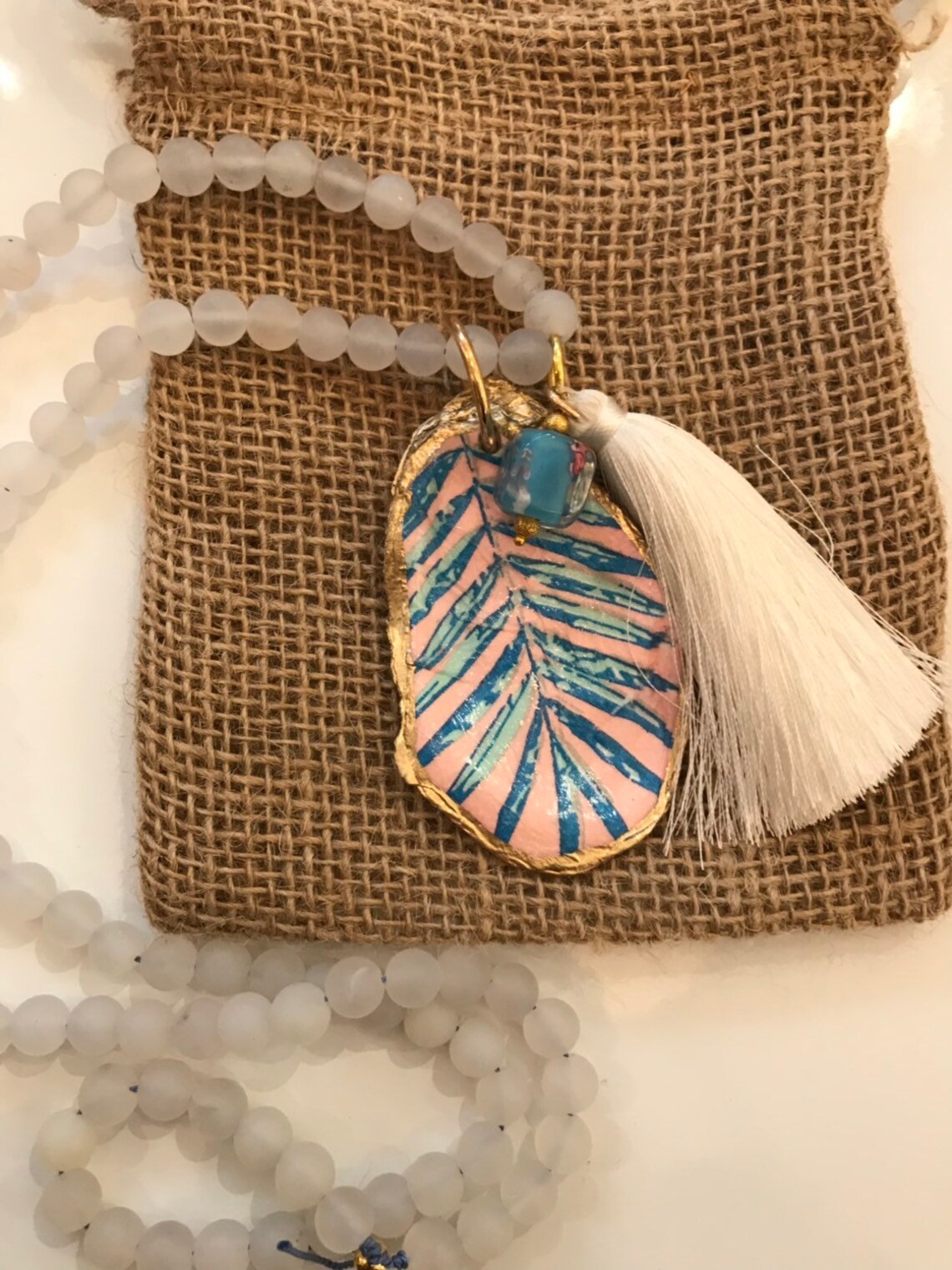 Painted Oyster shell necklace w agate. Stunning oyster shell | Etsy