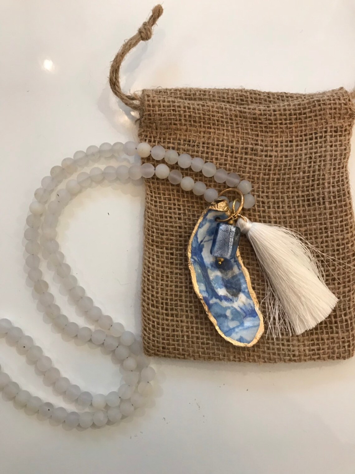 Painted Oyster shell necklace w agate. Stunning oyster shell | Etsy