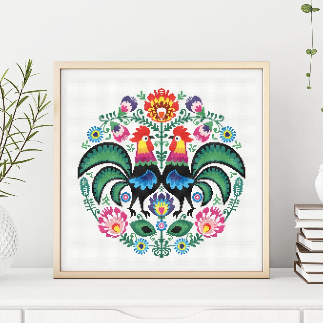 Folk Art Roosters Polish Cross Stitch Pattern, Boho Cross Stitch ...